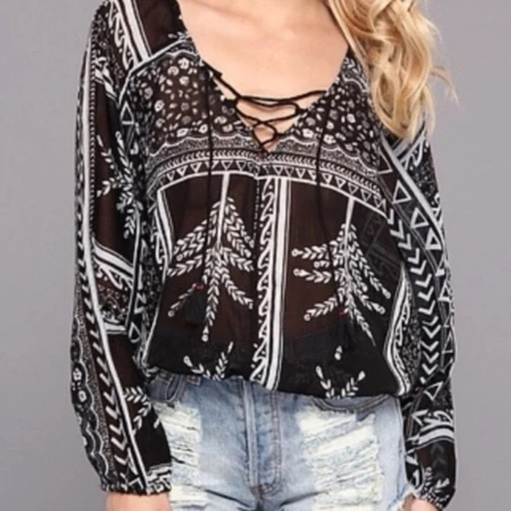 Free People Black White Yo Yo Geo Peasant Blouse - Gem
